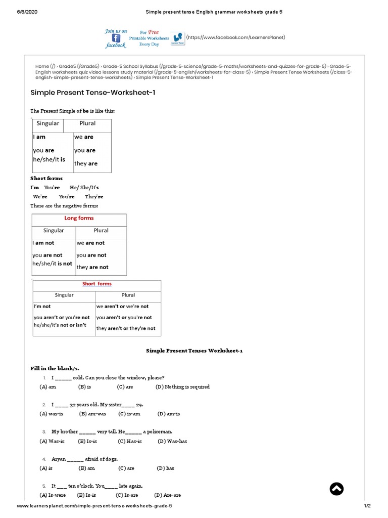 Simple Present Tense English Grammar Worksheets Grade 5 | PDF ...