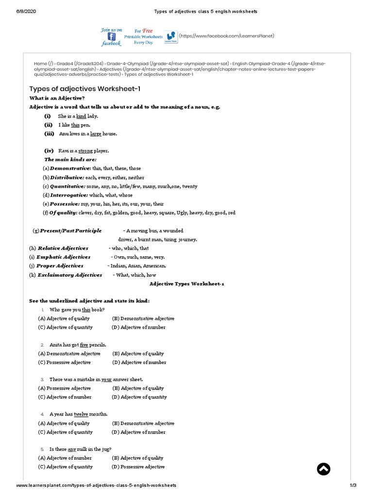 Types of Adjectives Class 5 English Worksheets | PDF | Adjective ...