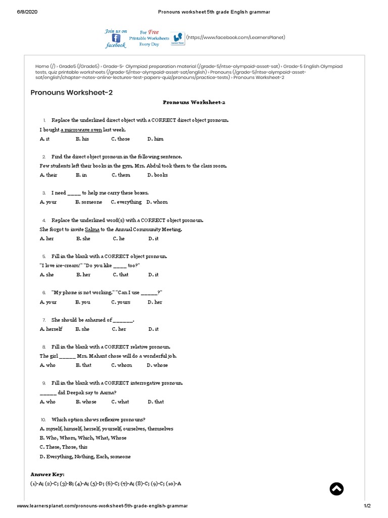 Pronouns Worksheet 5th Grade English Grammar | PDF | Pronoun | English ...