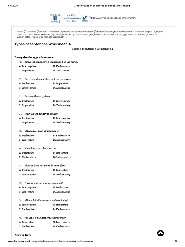 Grade 6 Types of Sentences Exercises With Answers | PDF | Grammar ...