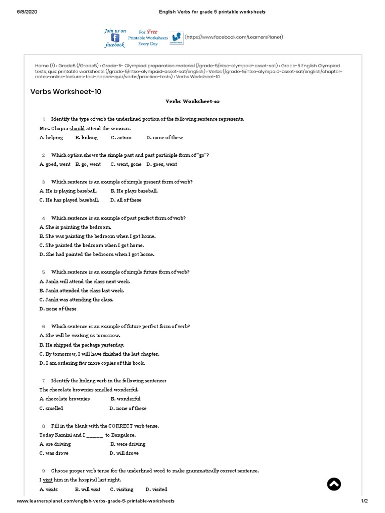 English Verbs For Grade 5 Printable Worksheets | PDF | Verb | Semiotics