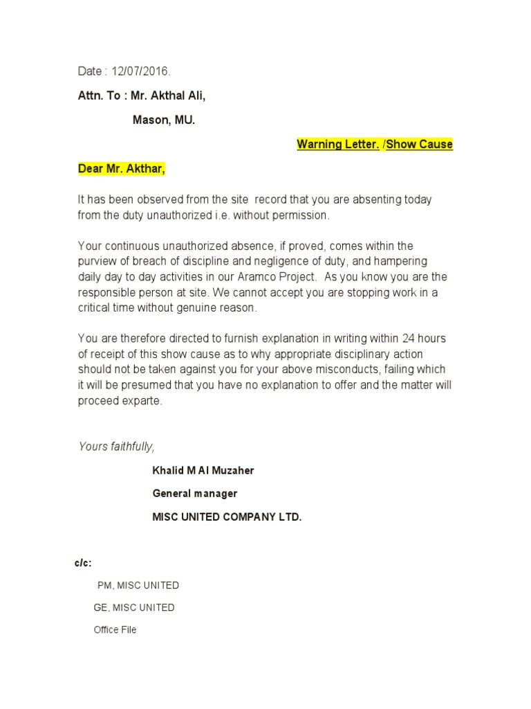 Attn. To: Mr. Akthal Ali, Mason, MU. Warning Letter. /show Cause Dear ...