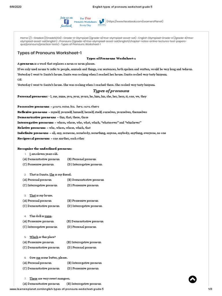 English Types of Pronouns Worksheet Grade 5 PDF | PDF | Pronoun ...