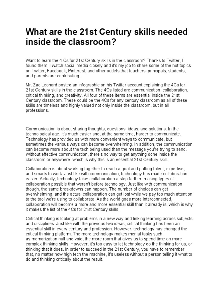What Are The 21st Century Skills Needed Inside The Classroom | PDF ...