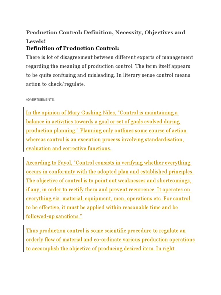 Production Control Definition NecessityObjectives | PDF | Business ...
