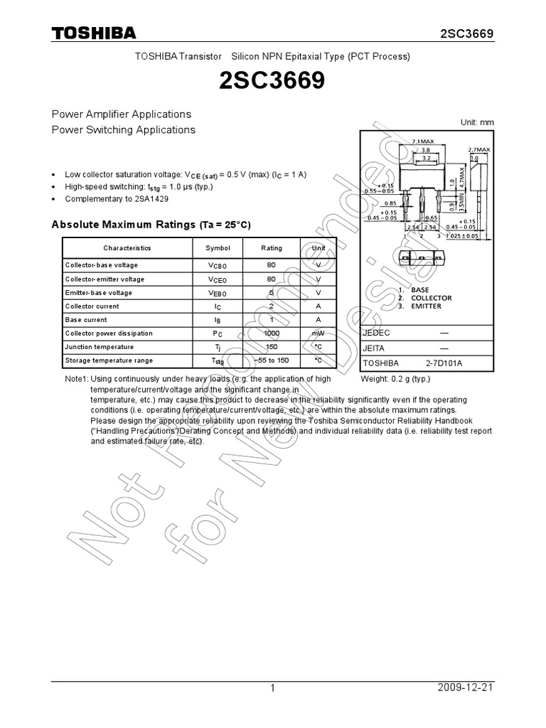 Toshiba 2SC3669 NPN Transistor Specs | PDF | Bipolar Junction Transistor | Reliability Engineering