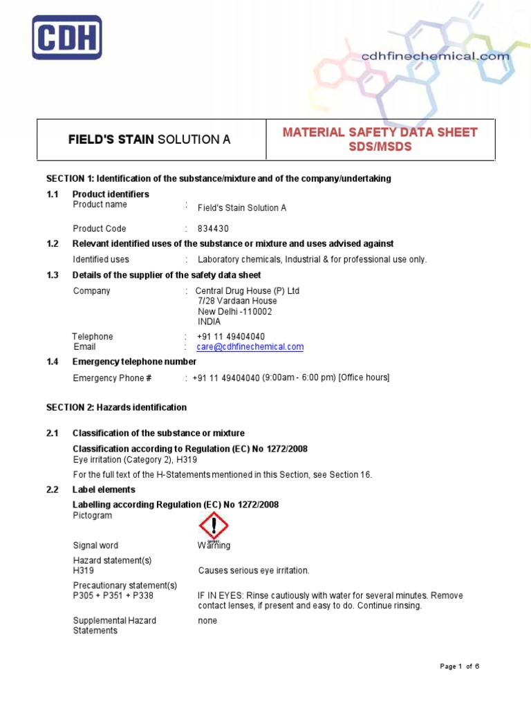 Fields Stain Solution A Material Safety Data Sheet Sds Msds Pdf