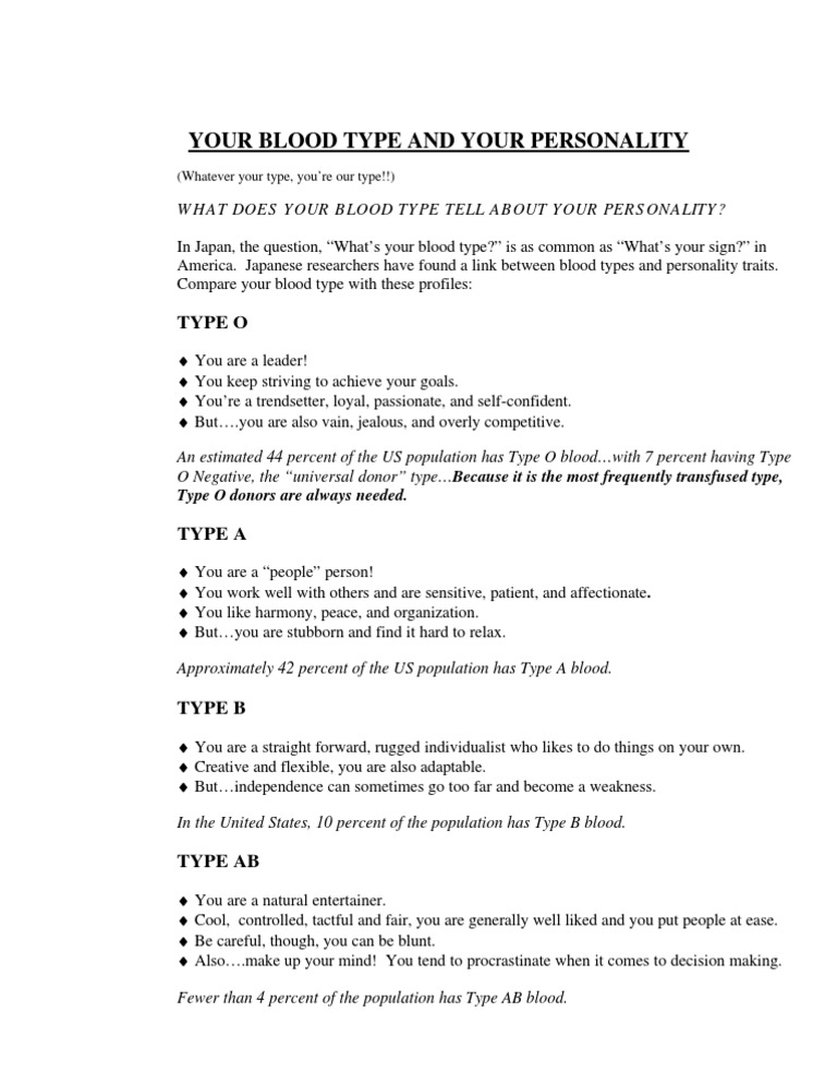 Your Blood Type and Your Personality | PDF