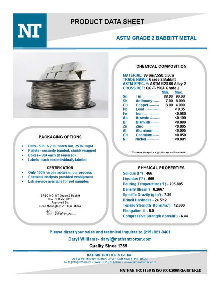 Product Data Sheet: Astm Grade 2 Babbitt Metal | PDF | Tin | Metals