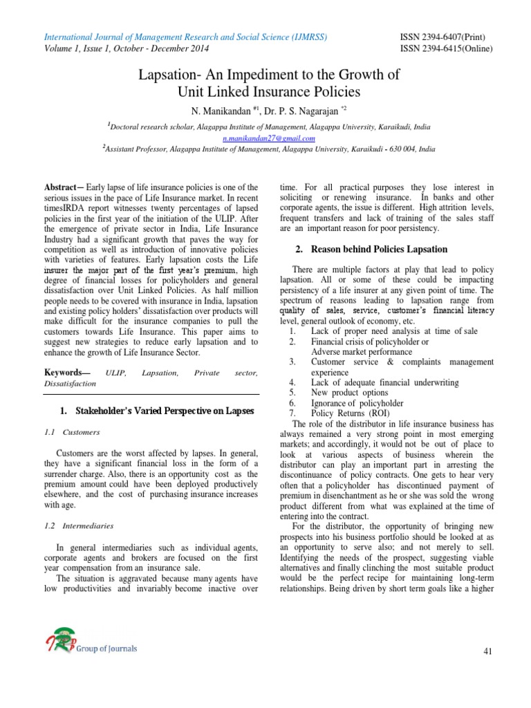 Lapsation - An Impediment To The Growth of Unit Linked Insurance ...