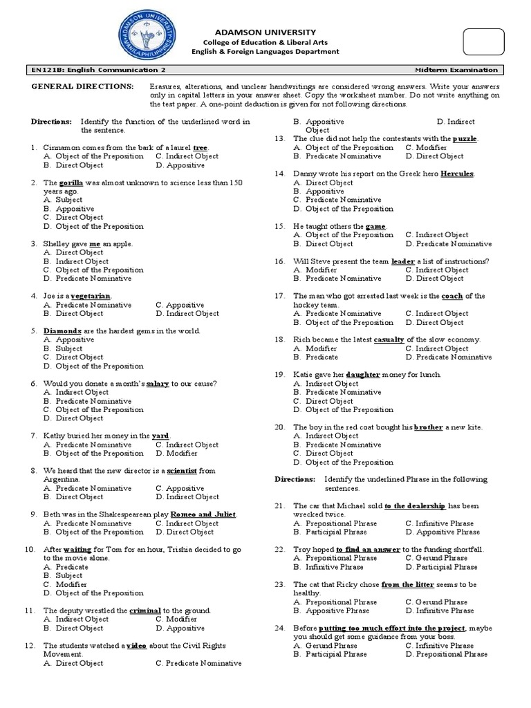 English Midterm Exam | PDF | Adverb | Clause