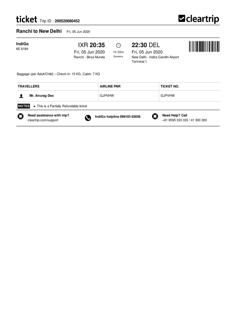 Cleartrip Flight Domestic E-Ticket | PDF | Aviation | Transport