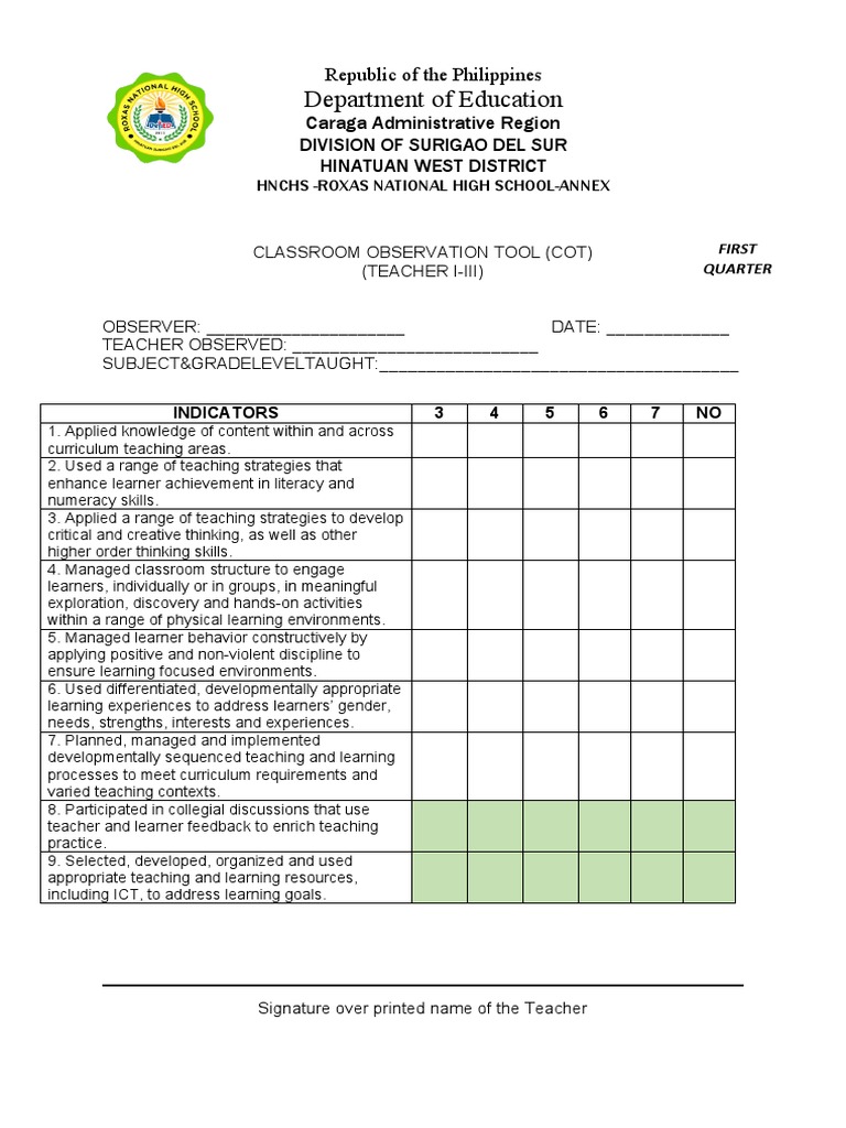 COT-observable-indicator (Rating Sheet) | PDF | Curriculum ...