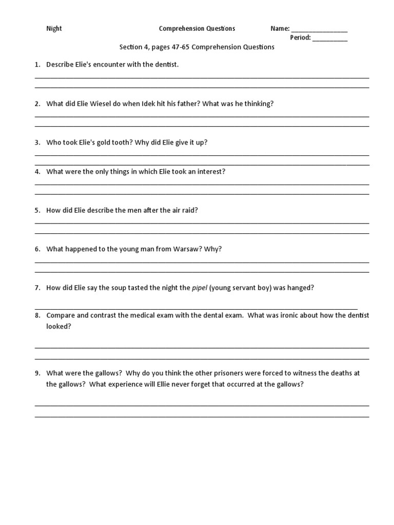 Night Comprehension Questions Name: - Period | PDF | Dentist