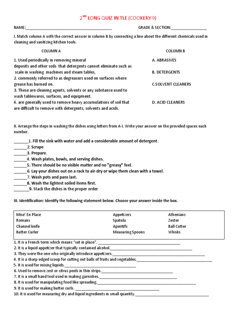 2 Long Quiz in Tle (Cookery 9) | PDF | Tableware | Home