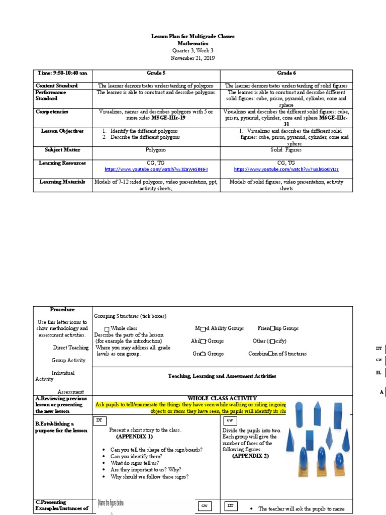 Lesson Plan For Multigrade Classes Mathematics | PDF | Shape | Geometric Shapes