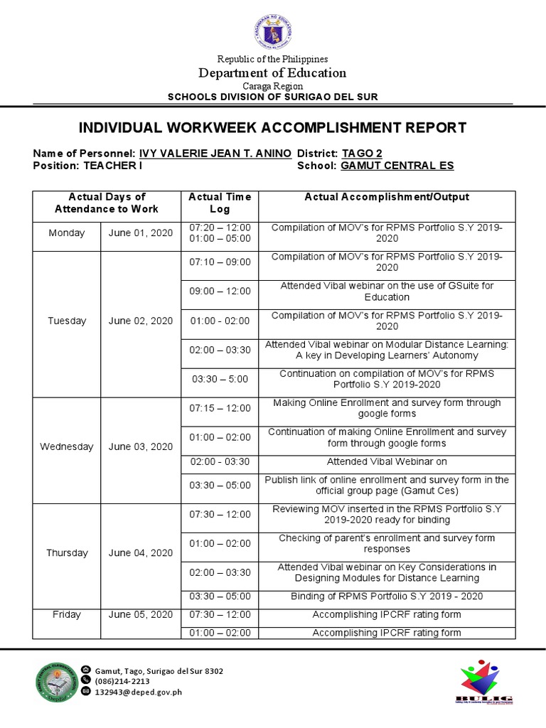 Individual Workweek Accomplishment Report: Department of Education ...