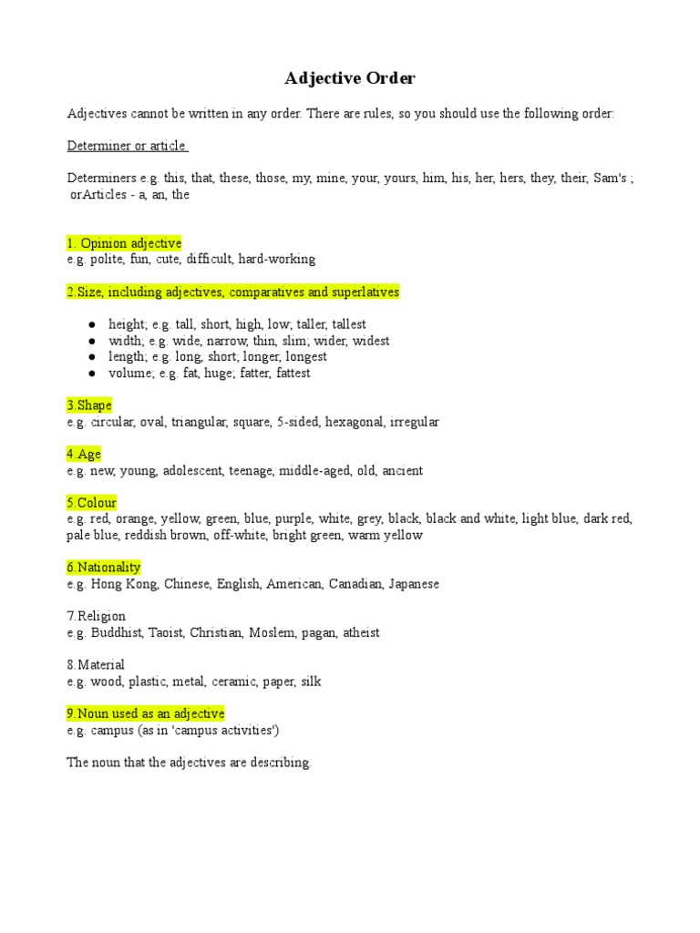 (Grammar) Adjective Order | PDF | Adjective | Linguistic Typology