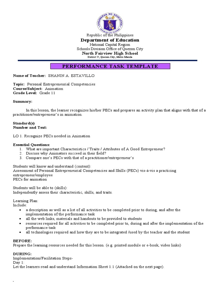 Performance-Task Sample | PDF | Rubric (Academic) | Entrepreneurship