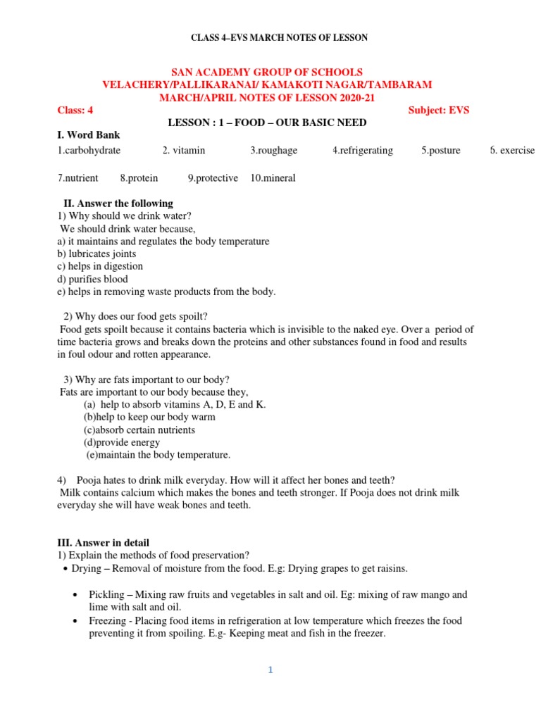 Food: Our Basic Need - Class 4 Notes | PDF | Foods | Raisin