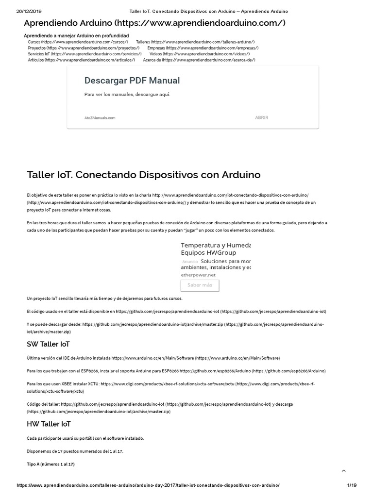 Taller IoT. Conectando Dispositivos Con Arduino - Aprendiendo Arduino | PDF | Internet de las ...