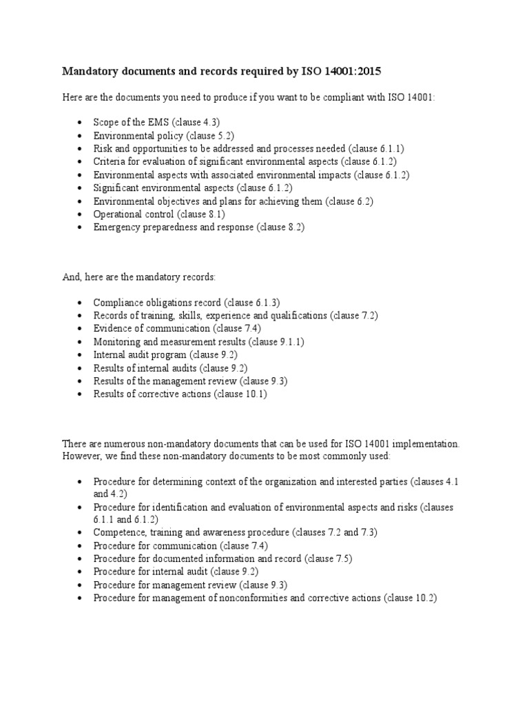 Mandatory Documents and Records ISO 14001-2015 | PDF