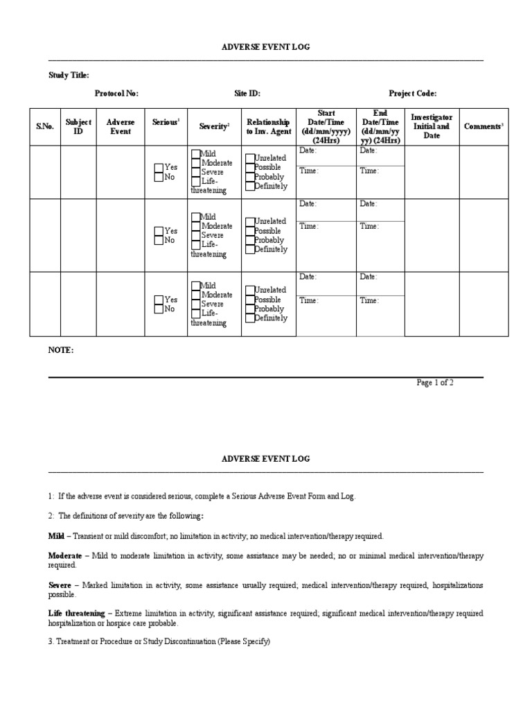 Adverse Event Log Template | PDF | Medicine | Health Care