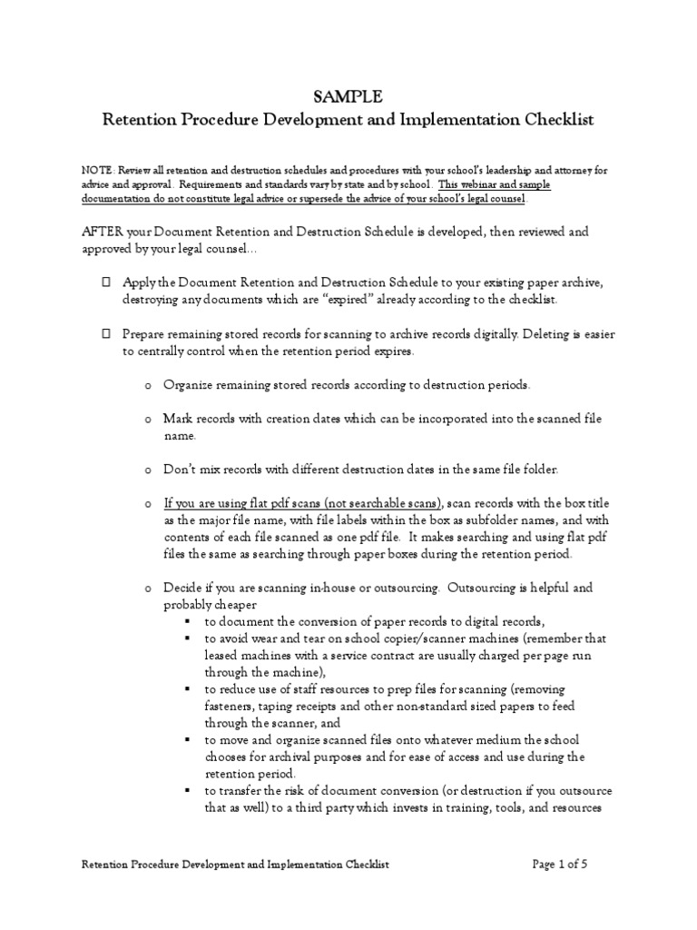 Sample Retention Procedure Development and Implementation Checklist ...