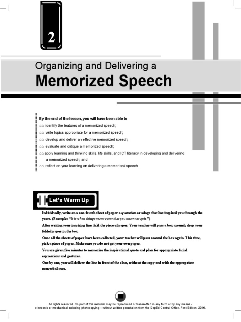 Memorized Speech: Organizing and Delivering A | PDF | Speech ...