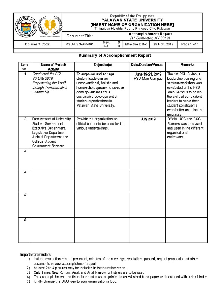 Summary of Accomplishment Report and Narrative Report | PDF