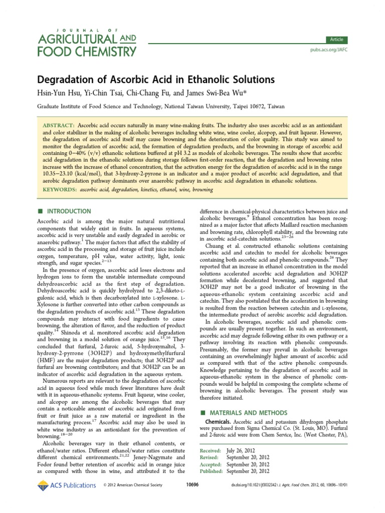 Degradation of Ascorbic Acid in Ethanolic Solutions - J Agric Food Chem ...