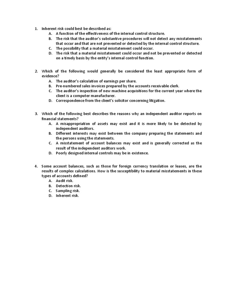 Sample MCQs | PDF | Internal Control | Audit