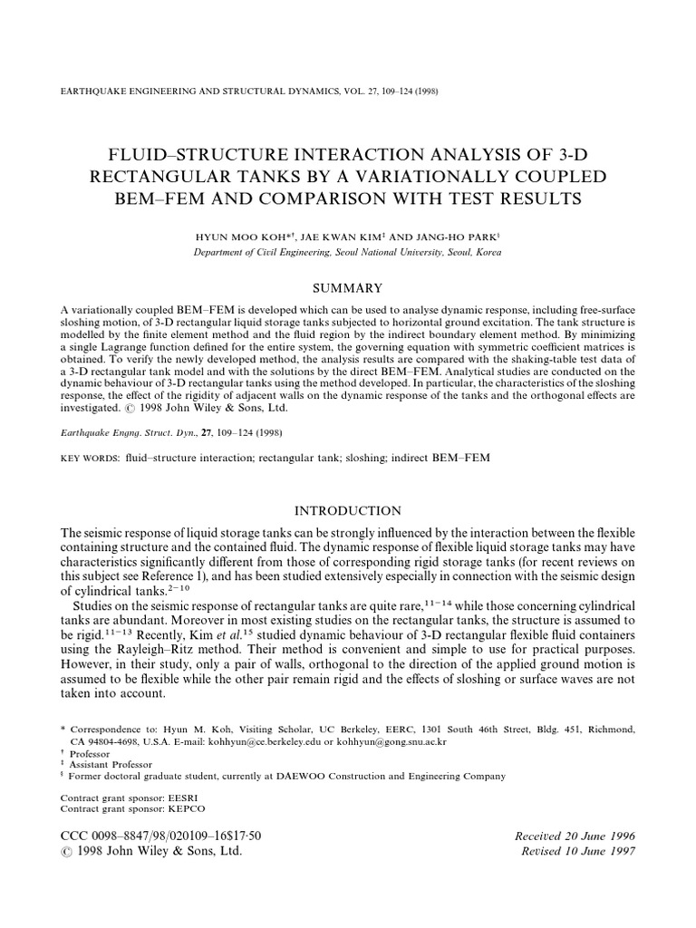 1998 - Koh - Fluid Structure Interaction Analysis of 3D Rectangular Tank by BE FE | PDF ...