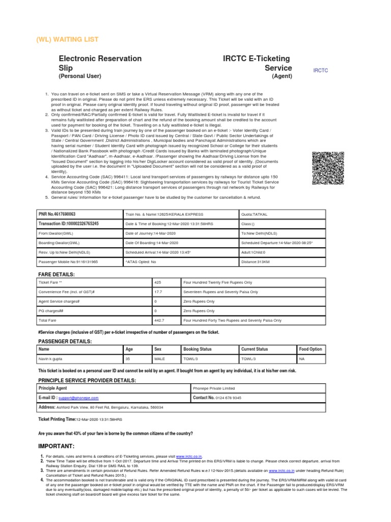 Electronic Reservation Slip IRCTC E-Ticketing Service: (WL) Waiting ...