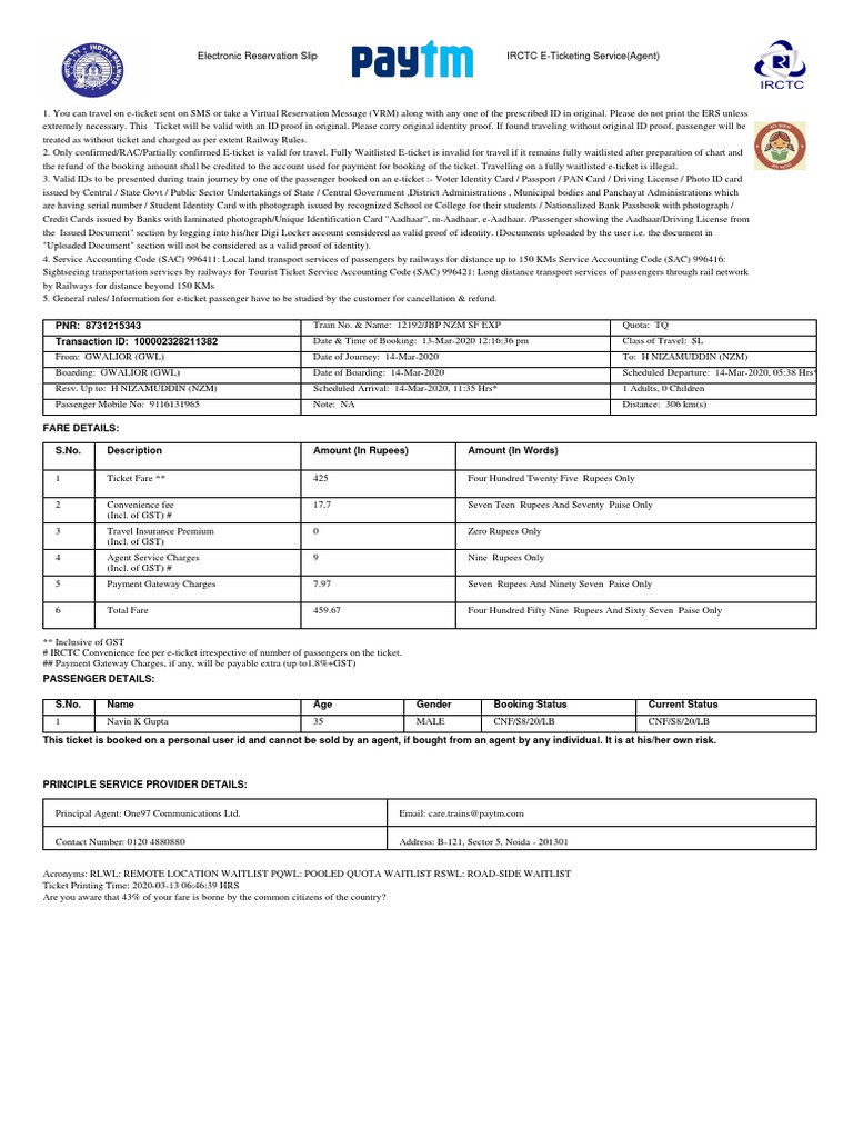 A Detailed Electronic Reservation Slip for Travel on Train Number 12192 ...