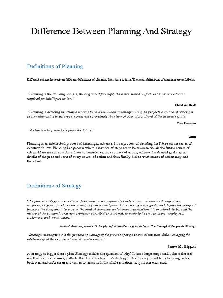 Difference Between Planning And Strategy Pdf Strategic Management