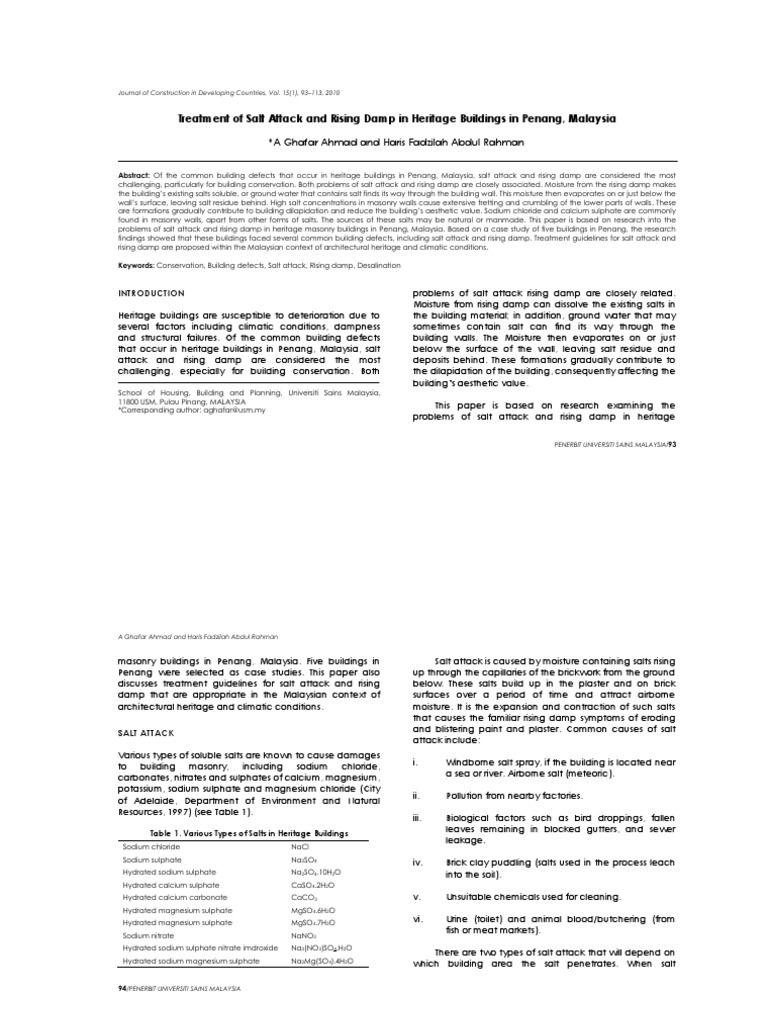 Salt Attack and Rising Damp in Heritage Buildings | PDF | Chloride ...
