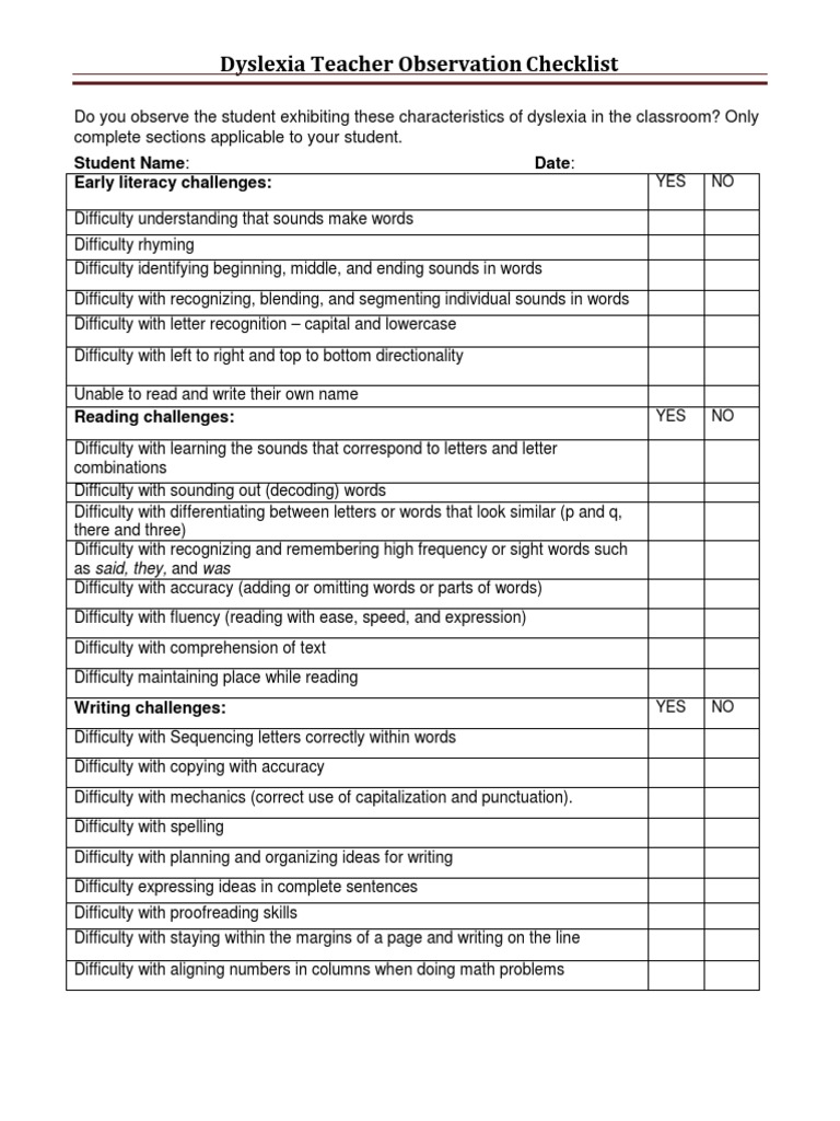 Dyslexia Teacher Observation Checklist: Student Name: Date: Early ...