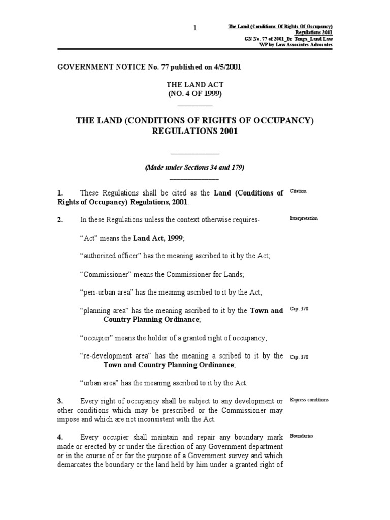 Land Conditions of Rights of Occupancy Regulations 2002 - GN | PDF ...