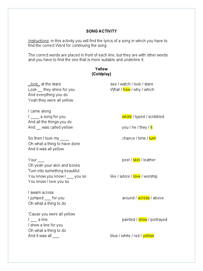 Instructions: in This Activity You Will Find The Lyrics of A Song in ...