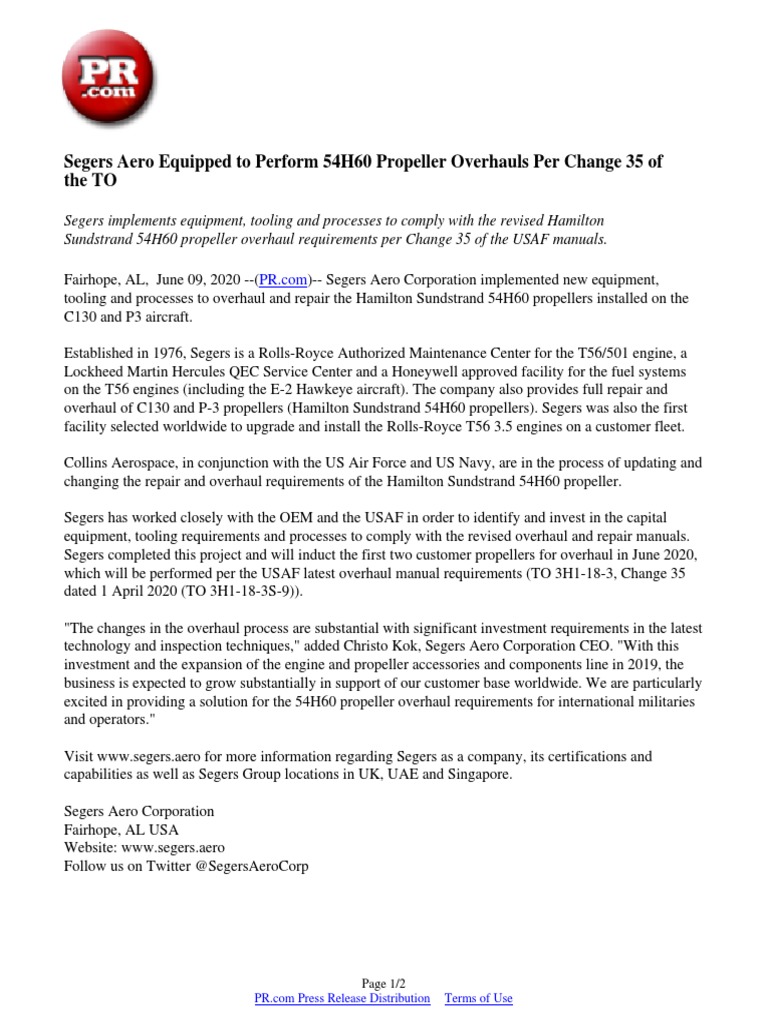 Segers Aero Equipped To Perform 54H60 Propeller Overhauls Per Change 35 ...
