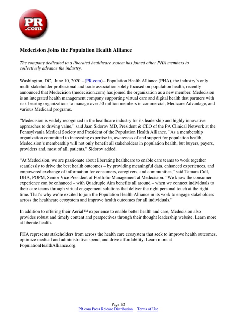 Medecision Joins The Population Health Alliance | PDF | Health System ...