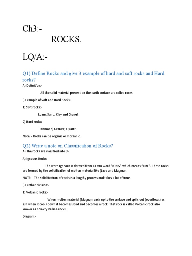 Ch3:-Rocks. LQ/A:-: Q1) Define Rocks and Give 3 Example of Hard and ...