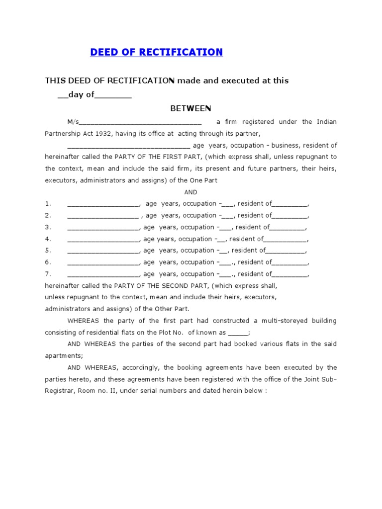 Deed of Rectification: THIS DEED OF RECTIFICATION Made and Executed at ...