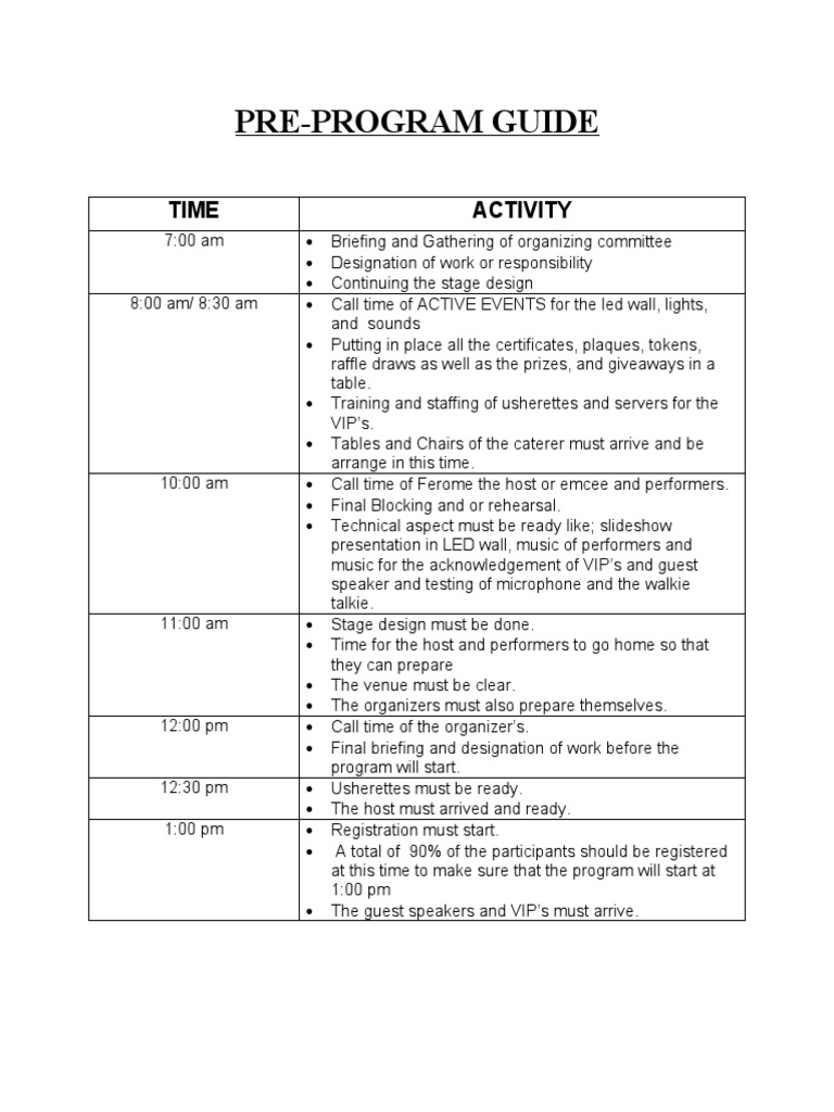 Pre-Program Guide: Time Activity | PDF