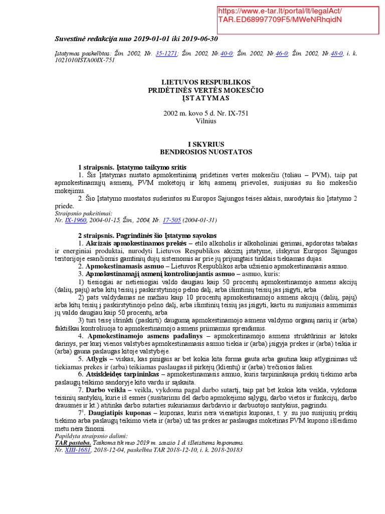 Lithuania - Value Added Tax Law - Origianal and Translated | PDF