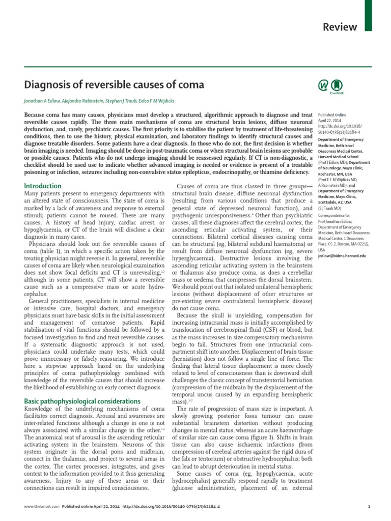 Diagnosis of Reversible Causes of Coma | PDF | Coma | Stroke