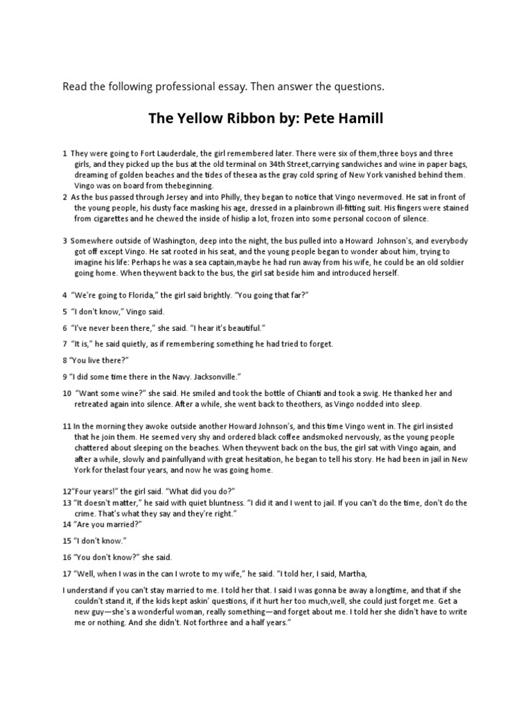The Yellow Ribbon By: Pete Hamill: Read The Following Professional ...