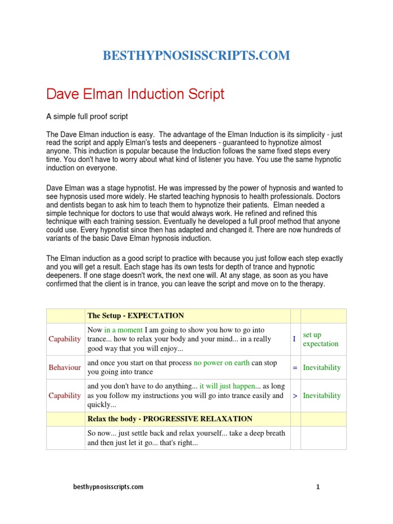 BHS IN34 Dave Elman Induction PDF | PDF | Hypnosis | Relaxation ...