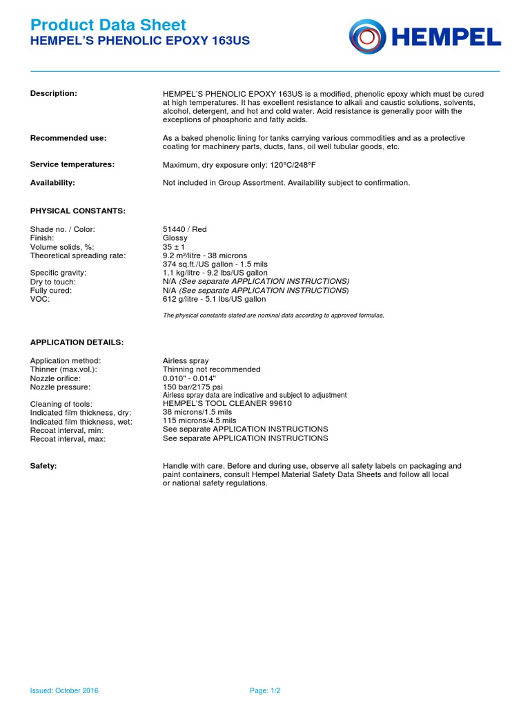 Product Data Sheet for HEMPEL’S PHENOLIC EPOXY 163US High-Temperature ...